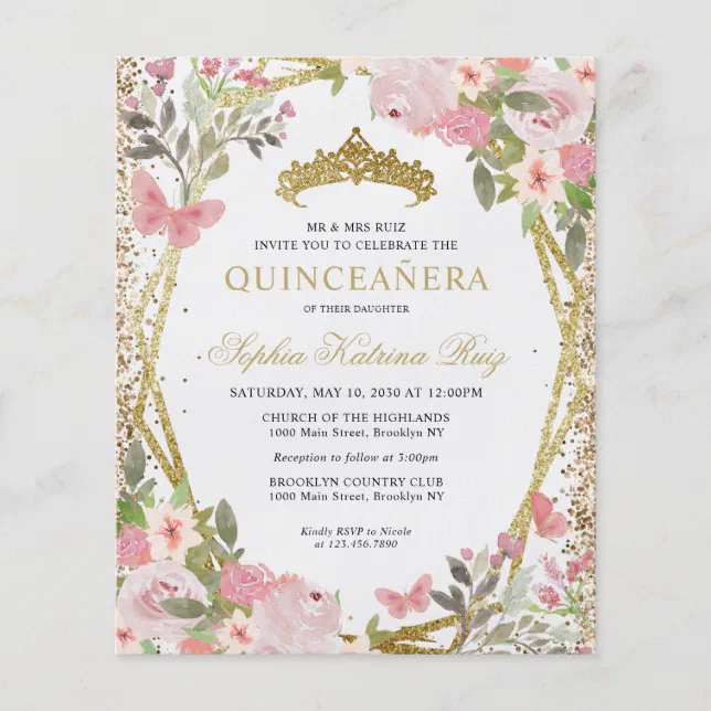 Cheap Floral Blush Gold Tiara Quinceañera Invite Flyer | Zazzle