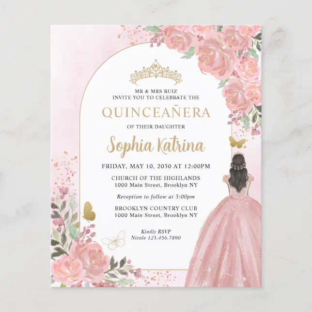 Cheap Floral Blush Pink Gold Princess Quinceanera Flyer | Zazzle