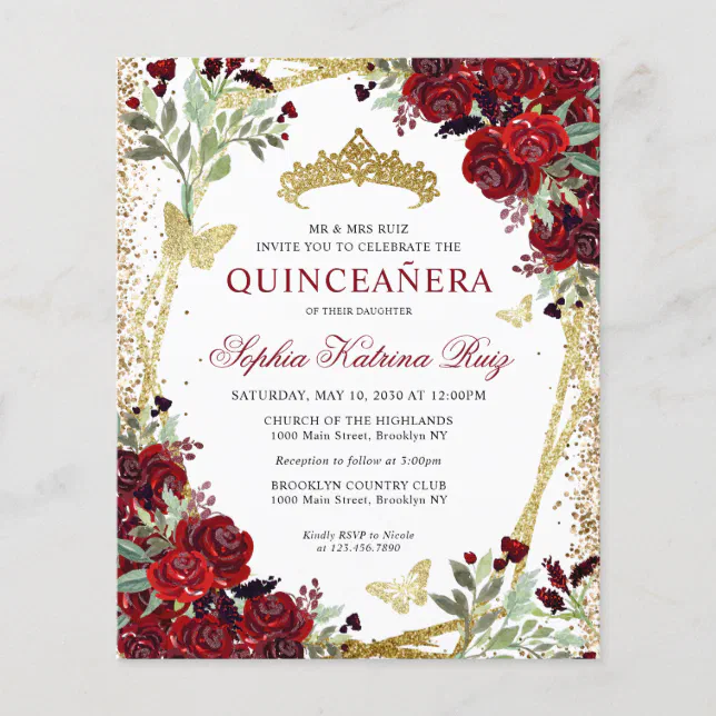 Cheap Floral Burgundy Gold Quinceañera Invite Flyer | Zazzle
