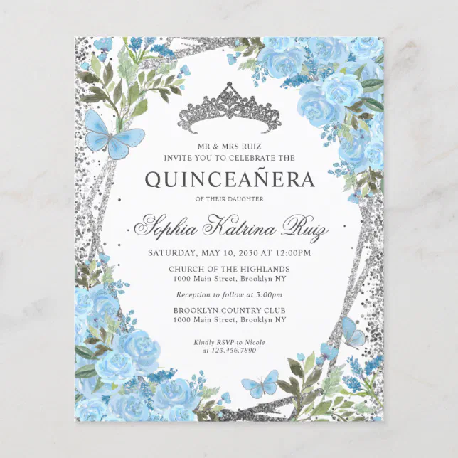 Cheap Floral Dusty Blue Silver Quinceañera Invite Flyer | Zazzle