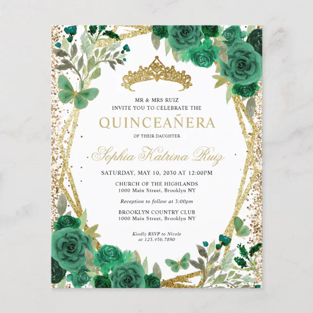 Cheap Floral Green Gold Tiara Quinceañera Invite Flyer | Zazzle