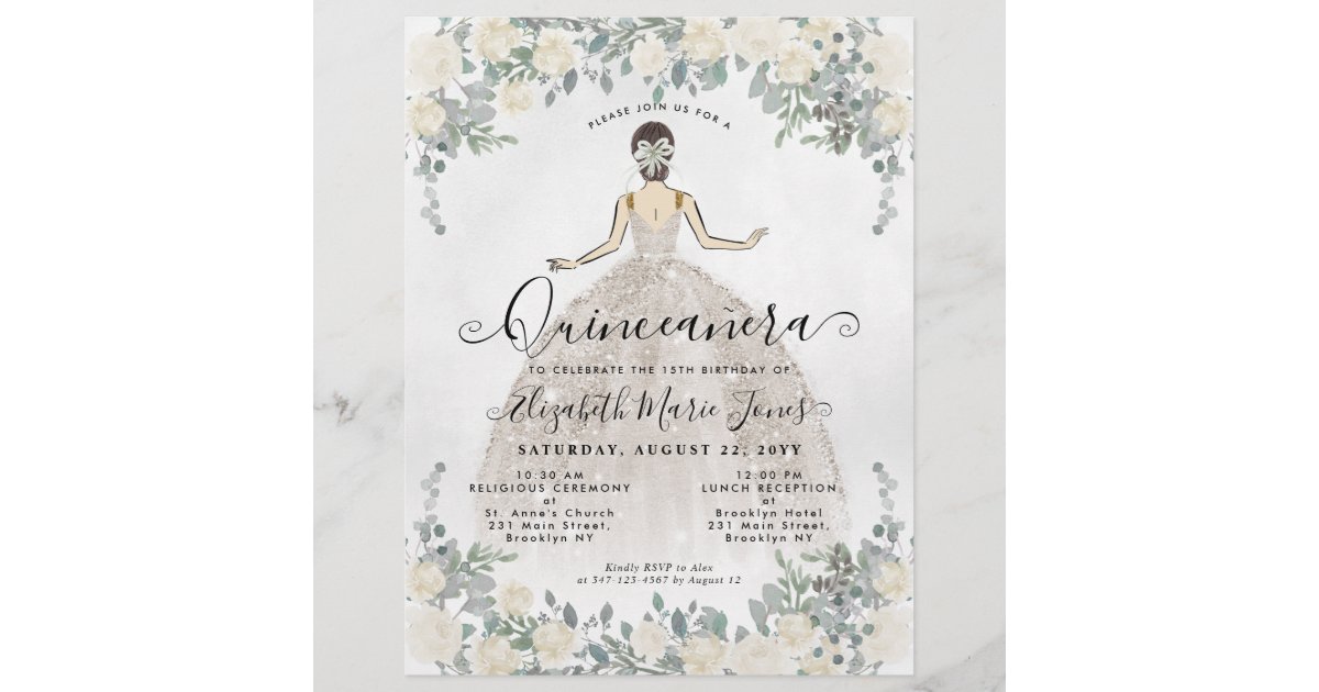 Cheap Floral Ivory White Glam Princess Quinceanera Flyer | Zazzle