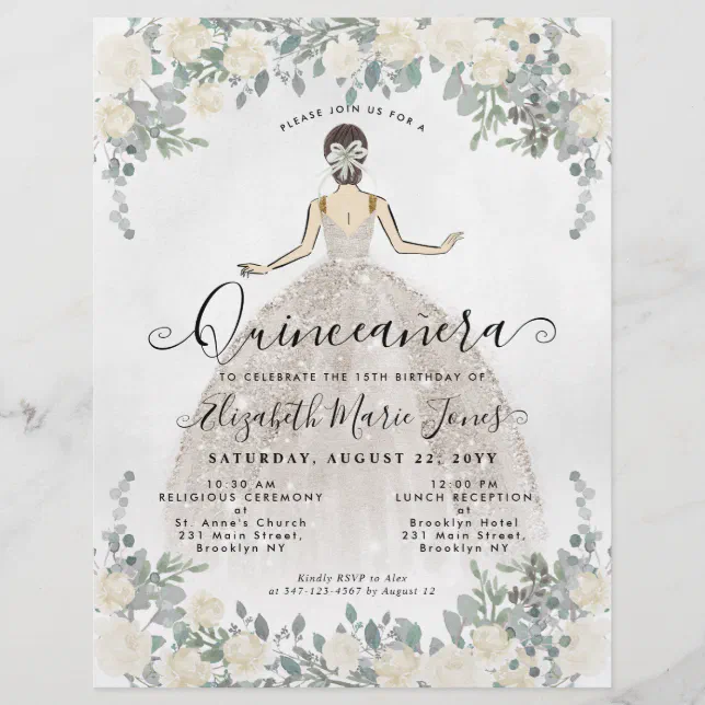 Cheap Floral Ivory White Glam Princess Quinceanera Flyer | Zazzle