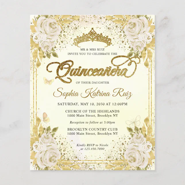 Cheap Floral Light Purple Gold Tiara Quinceañera Flyer | Zazzle