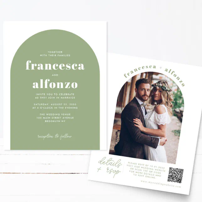 Cheap Sage Green RSVP QR Code Retro Photo Wedding Flyer | Zazzle