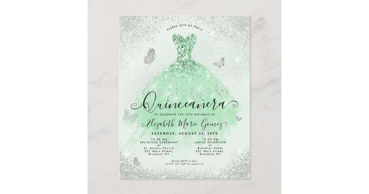 Cheap Sage Green Silver Glitter Gown Quinceanera Flyer | Zazzle