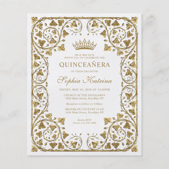 Cheap White Floral Vintage Gold Tiara Quinceanera Flyer | Zazzle