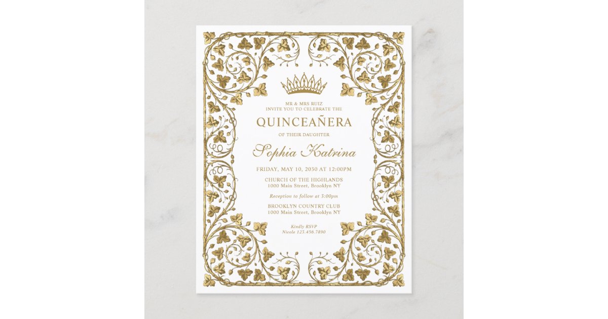 Cheap White Floral Vintage Gold Tiara Quinceanera Flyer | Zazzle