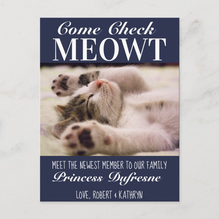 "Check Meowt" New Cat Announcement Blue Postcard | Zazzle.com