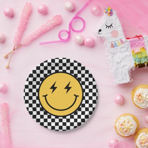 Checker Happy Face Birthday Paper Plates | Zazzle