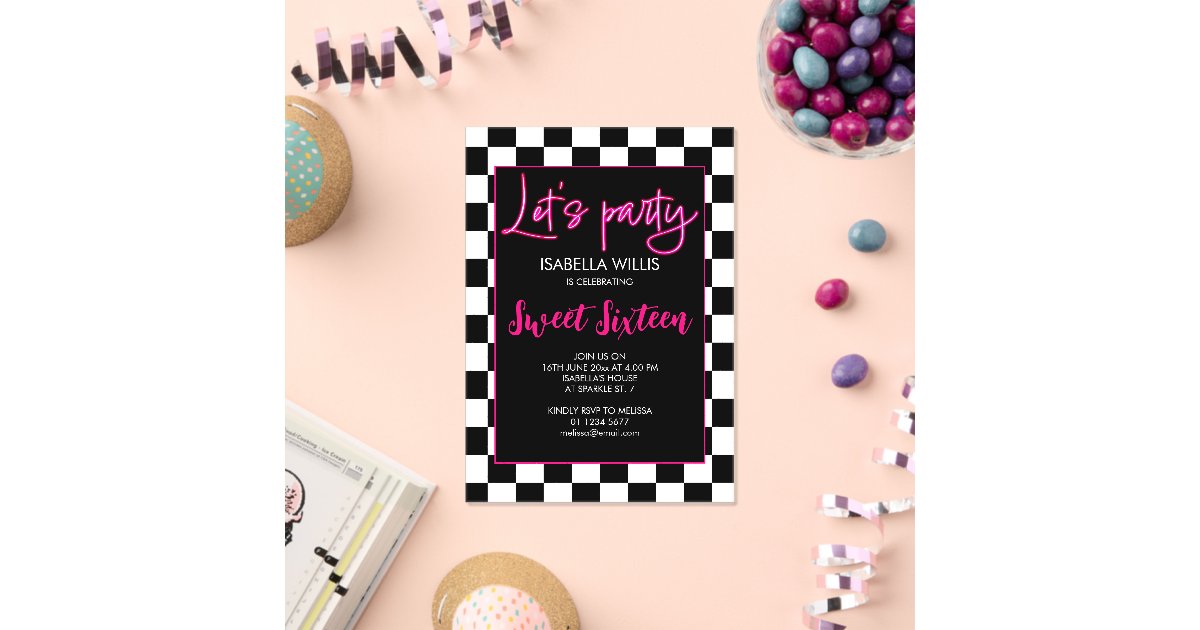 Checker hot pink black white Lets party Sweet 16 Acrylic Invitations | Zazzle