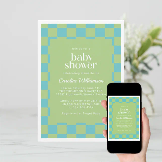 Checkerboard Checkered Blue Green Baby Shower Invitation | Zazzle