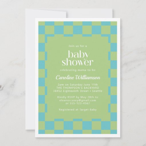 Checkerboard Checkered Blue Green Baby Shower Invitation | Zazzle