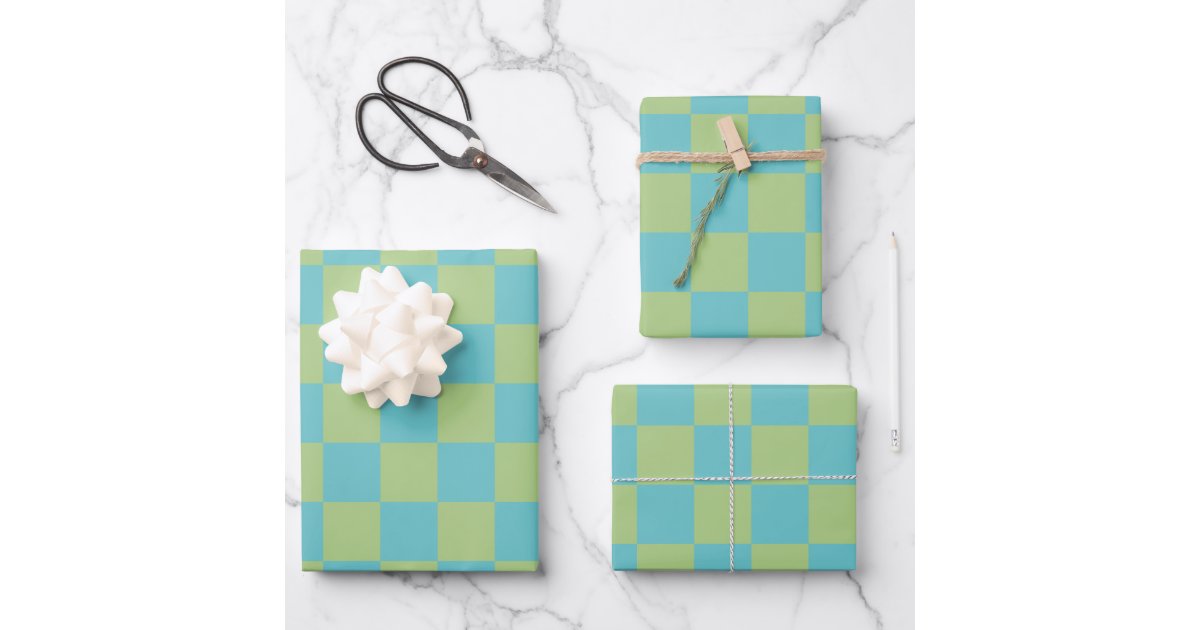 Checkerboard Checkered Pattern in Blue and Green Wrapping Paper Sheets ...