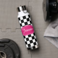 Checkered black and white hot pink label water bottle | Zazzle