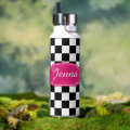 Checkered black and white hot pink label water bottle | Zazzle
