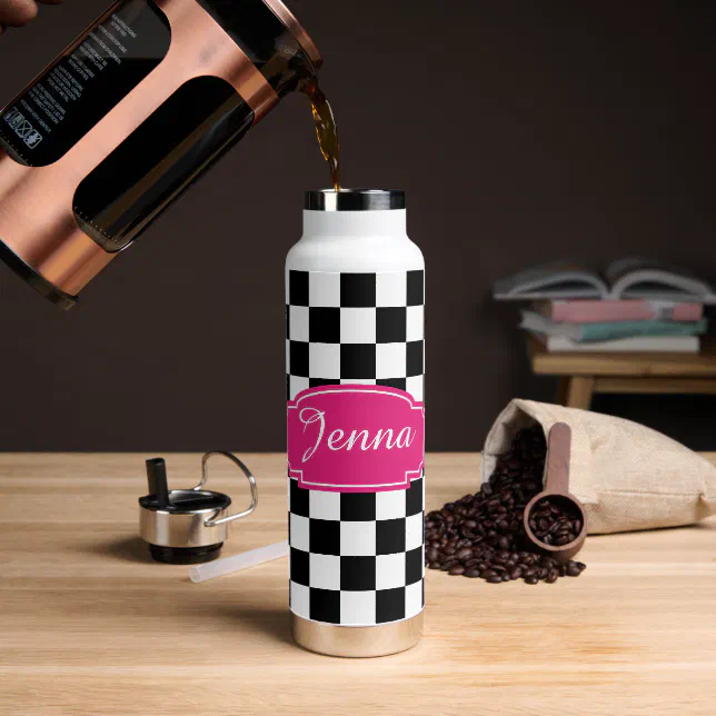 Checkered black and white hot pink label water bottle | Zazzle