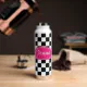 Checkered black and white hot pink label water bottle | Zazzle