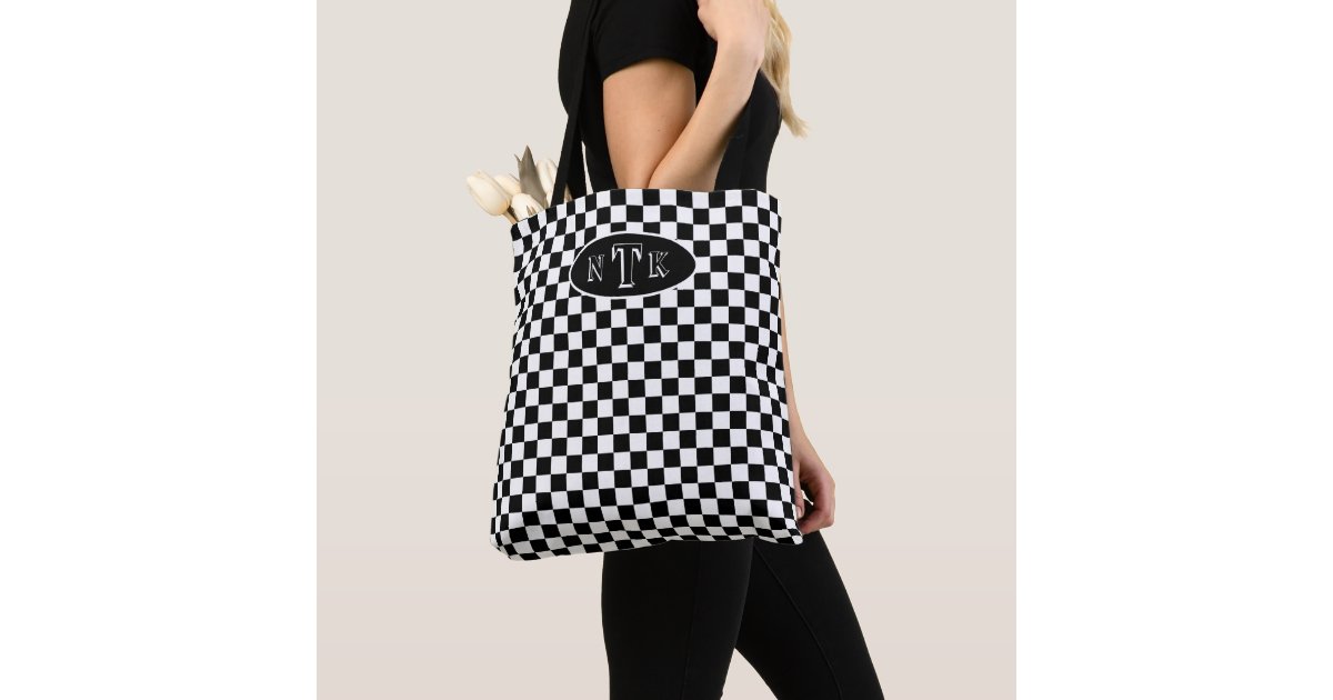 Checkered Black and White Monogram Tote Bag | Zazzle
