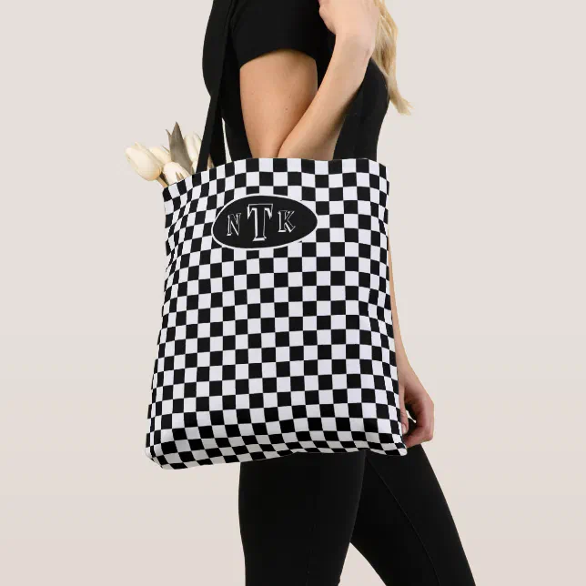 Checkered Black and White Monogram Tote Bag | Zazzle