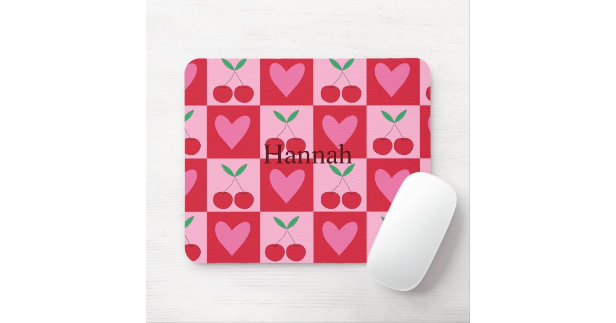 Checkered Cherries with Pink Hearts Custom Name Mouse Pad | Zazzle