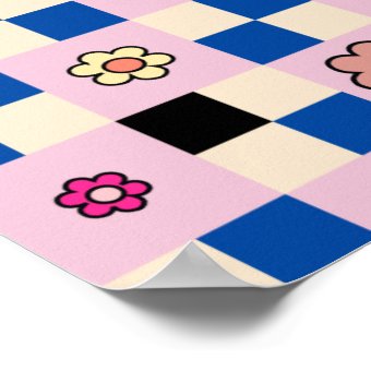 Checkered Flower Colorful Check Pattern Pink Blue Poster | Zazzle