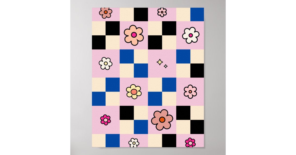 Checkered Flower Colorful Check Pattern Pink Blue Poster | Zazzle