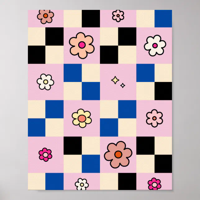 Checkered Flower Colorful Check Pattern Pink Blue Poster | Zazzle