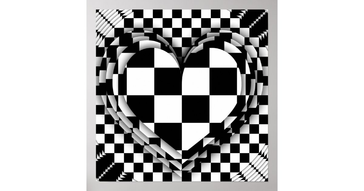 Checkered heart op art poster | Zazzle