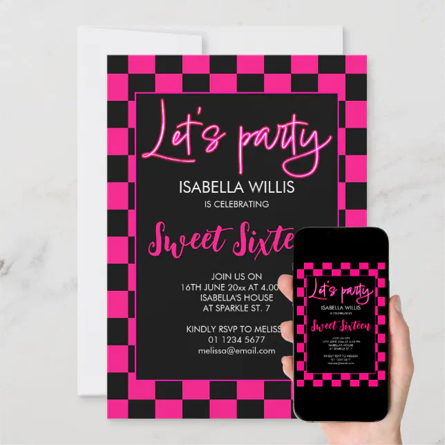 Checkered hot pink black retro Lets party Sweet 16 Invitation | Zazzle