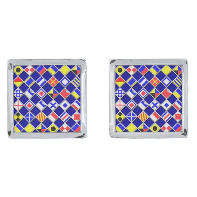Checkered Nautical Signal Flags Silver Cufflinks | Zazzle