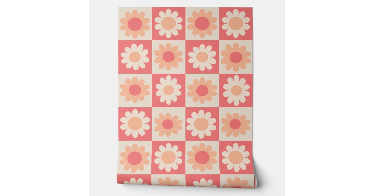 Checkered Peach Fuzz Retro Flowers Pattern Wallpaper | Zazzle