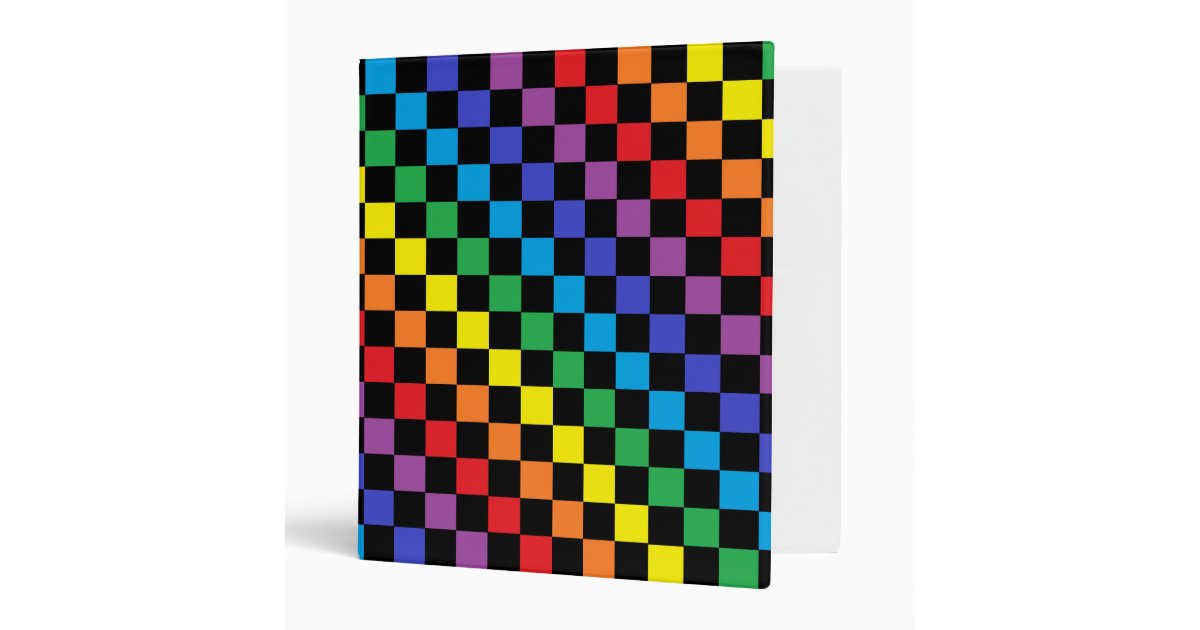 Checkered Rainbow Black 3 Ring Binder | Zazzle