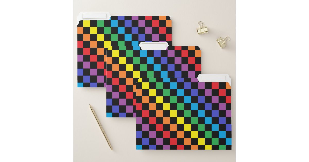 Checkered Rainbow Black File Folder | Zazzle