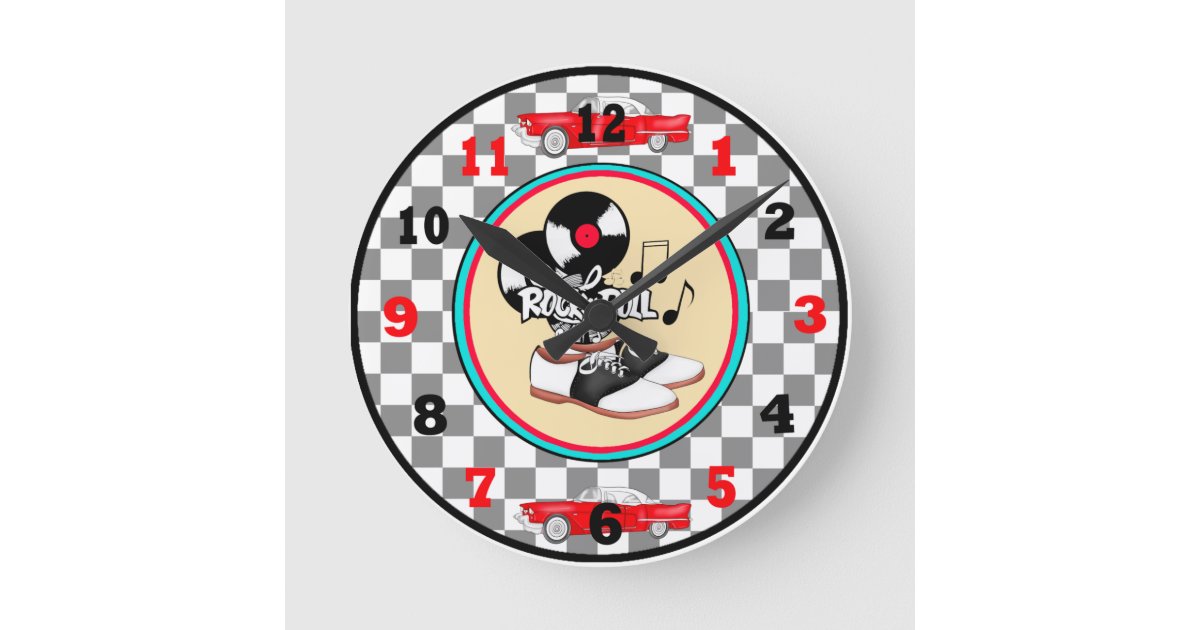 Checkered Rock n Roll Round Clock | Zazzle