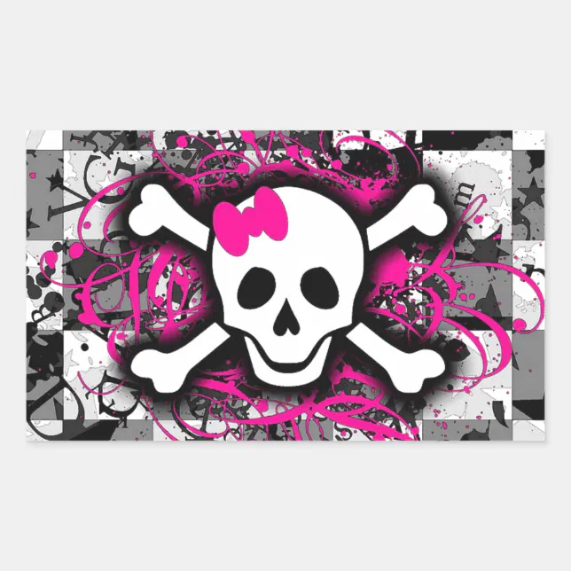 Checkered Skull With Hot Pink Splatter Rectangular Sticker | Zazzle