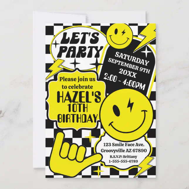 Checkered Smile Face Birthday Party Invitation | Zazzle