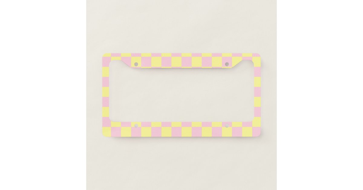Checkered Soft Pink and Yellow License Plate Frame | Zazzle