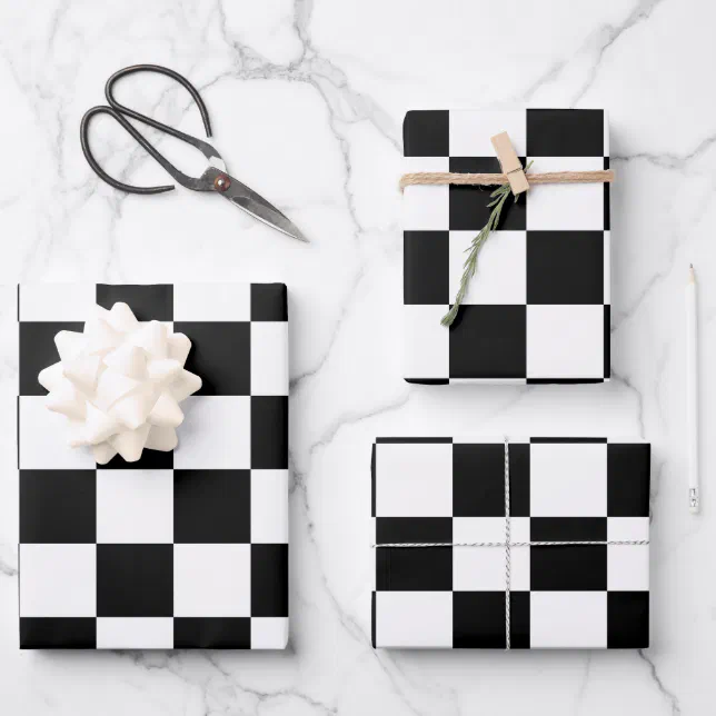 Checkered squares black and white geometric retro wrapping paper sheets ...