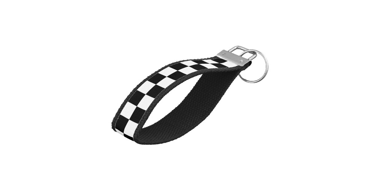 Checkered squares black and white geometric retro wrist keychain | Zazzle