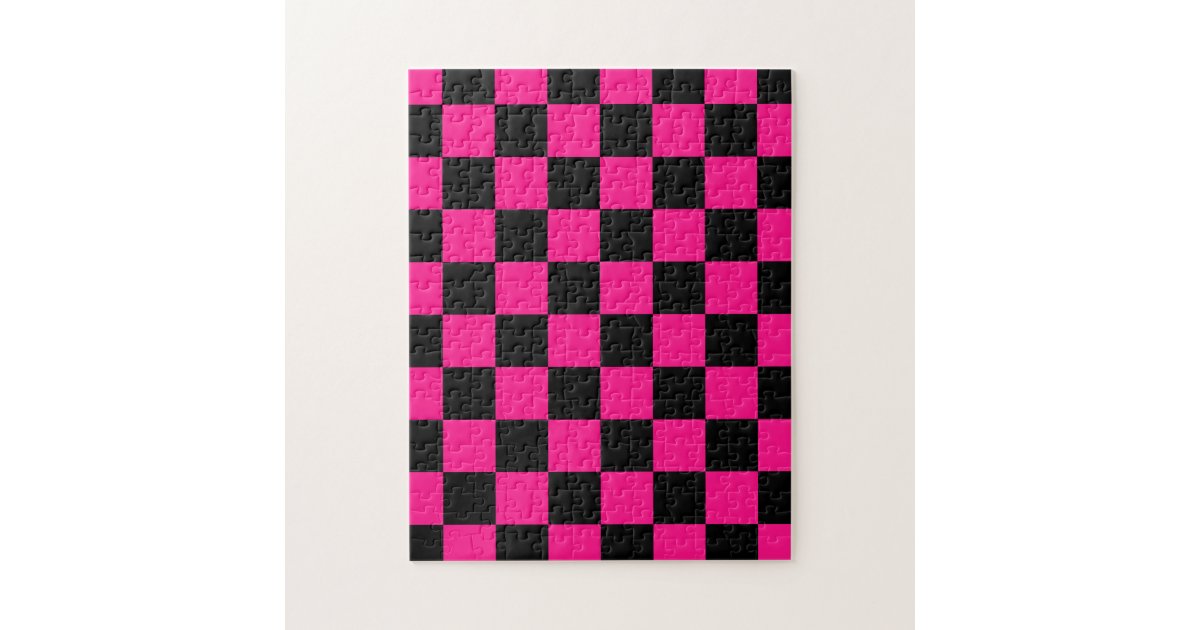 Checkered squares hot pink black geometric retro jigsaw puzzle | Zazzle