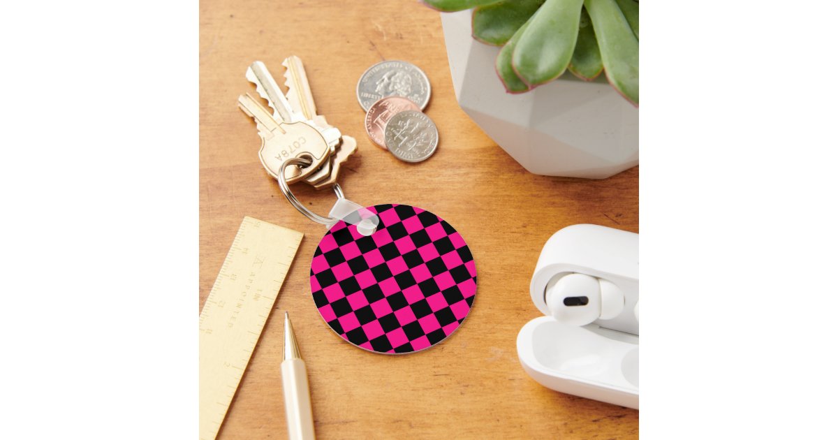 Checkered squares hot pink black geometric retro keychain | Zazzle