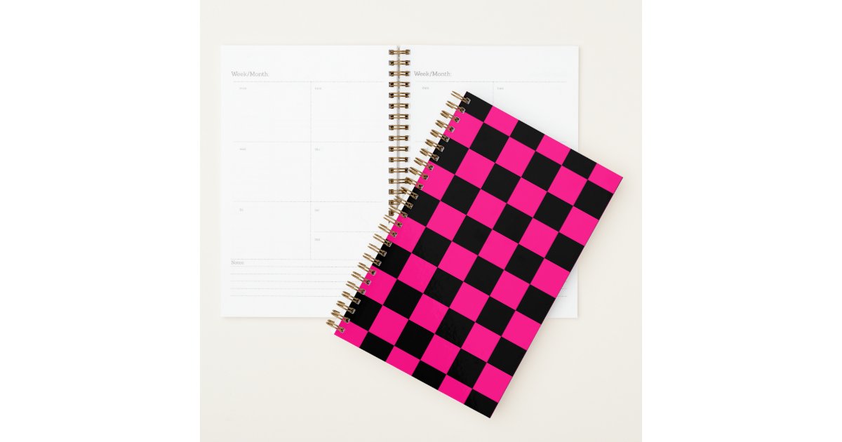 Checkered squares hot pink black geometric retro planner | Zazzle
