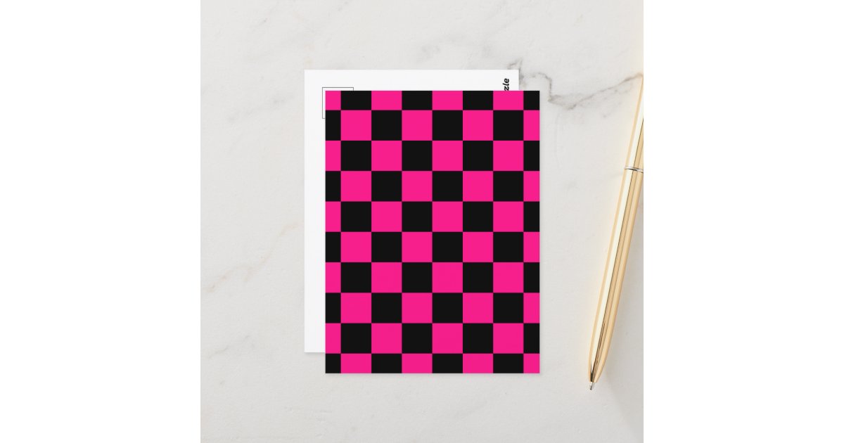 Checkered squares hot pink black geometric retro postcard | Zazzle