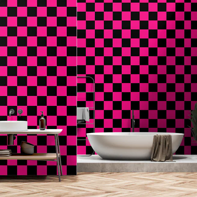 Checkered squares hot pink black geometric retro wallpaper | Zazzle
