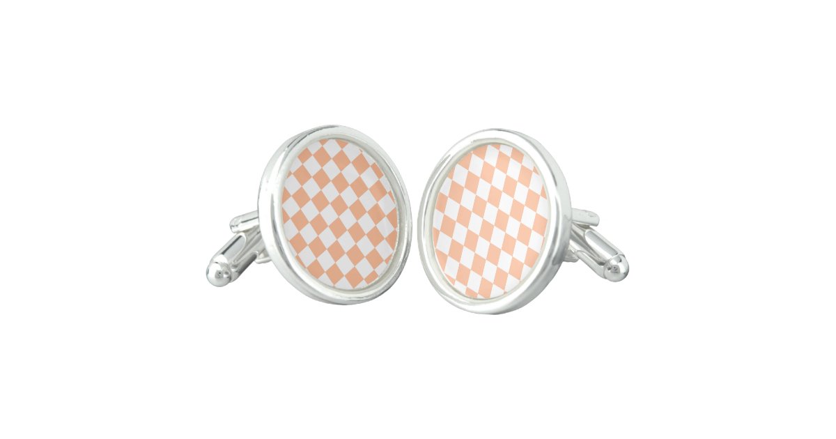 Checkered squares peach and white geometric retro cufflinks | Zazzle