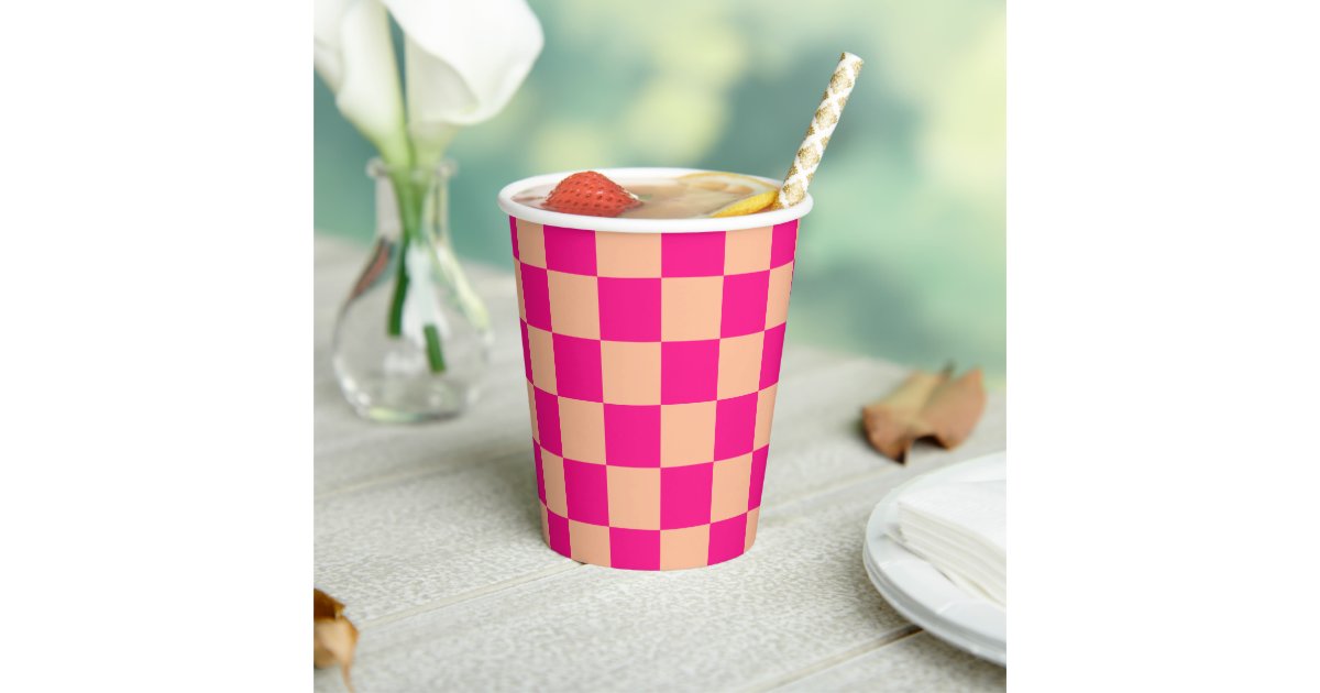Checkered squares peach hot pink geometric retro paper cups | Zazzle