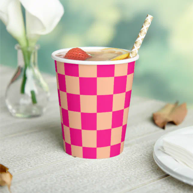 Checkered squares peach hot pink geometric retro paper cups | Zazzle