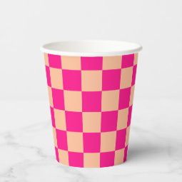 Checkered squares peach hot pink geometric retro paper cups | Zazzle
