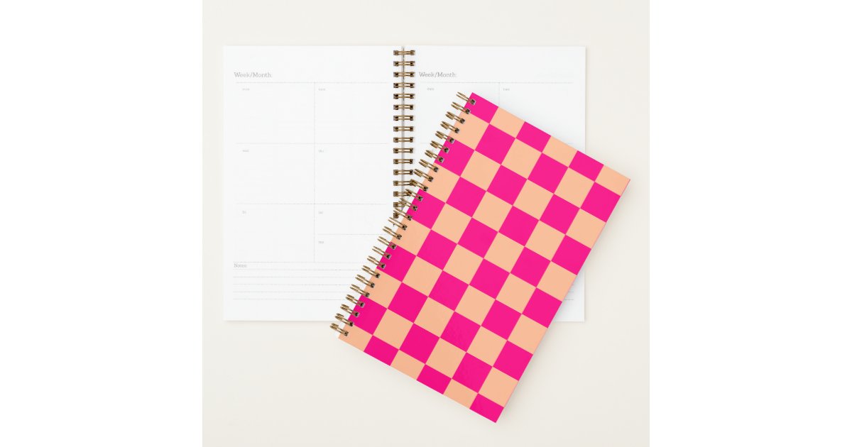 Checkered squares peach hot pink geometric retro planner | Zazzle